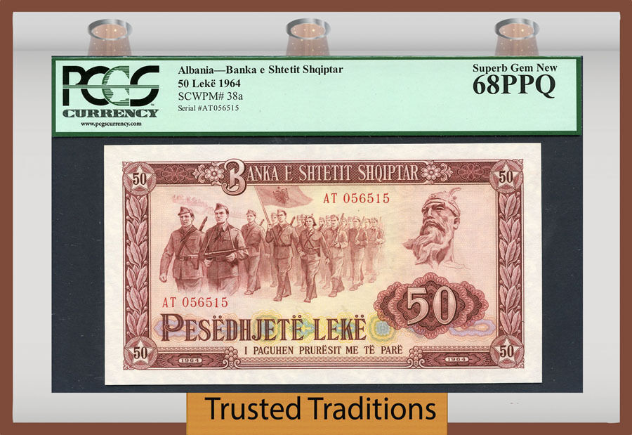 Welt Banknoten 50 LEKE 1964 TT PK 38a ALBANIA SOLDIERS ON PARADE PCGS ...