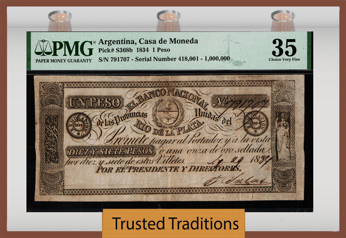 Welt Banknoten 1 PESO 1834 TT PK S368b ARGENTINA, CASA da MOEDA RARE ...