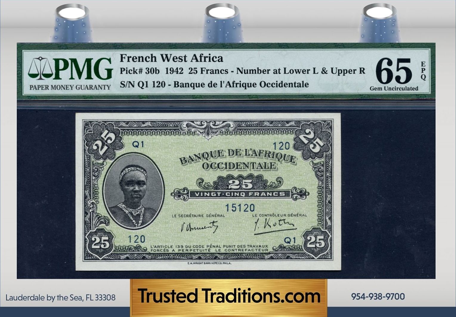 Welt Banknoten 25 FRANCS 1942 TT PK 30b FRENCH WEST AFRICA LOW SERIAL ...