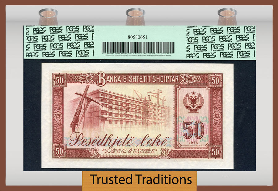 Welt Banknoten 50 LEKE 1964 TT PK 38a ALBANIA SOLDIERS ON PARADE PCGS ...