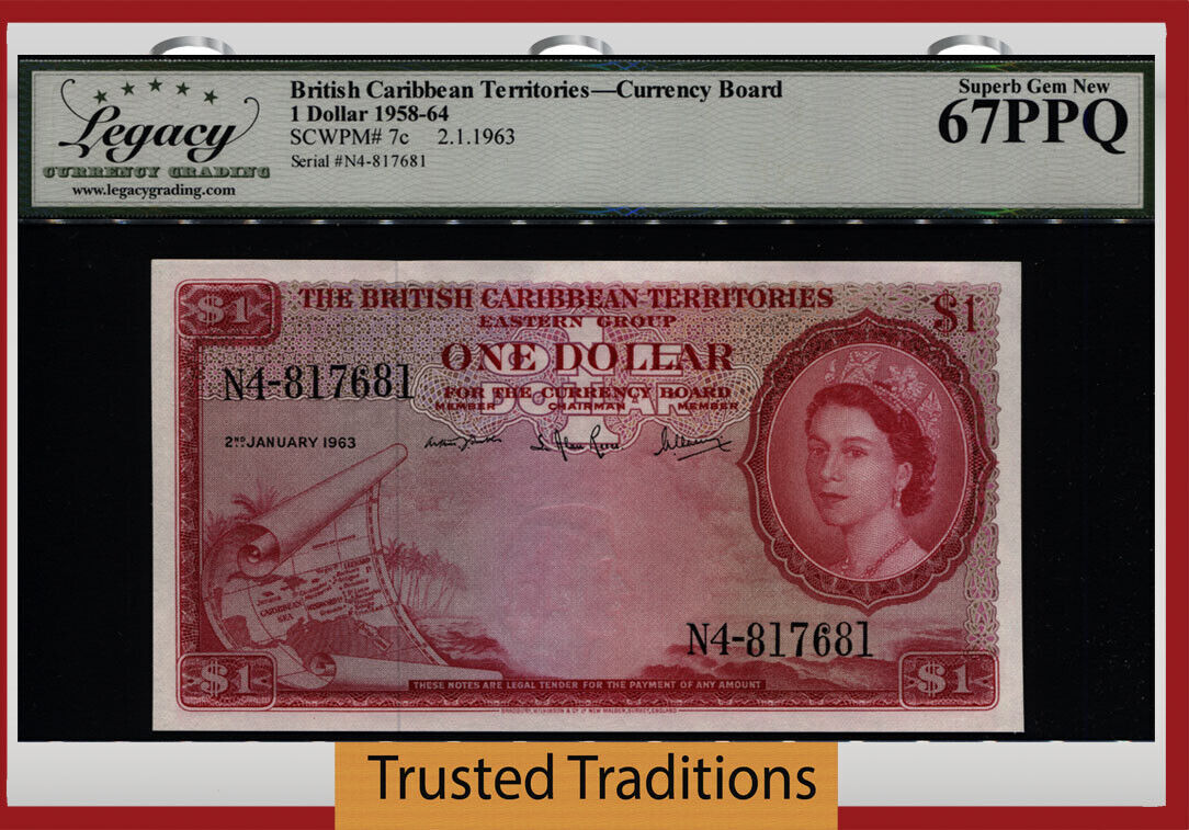 Welt Banknoten 1958 TT PK 7c BRITISH CARIBBEAN TERRITORIES $1 QUEEN ...