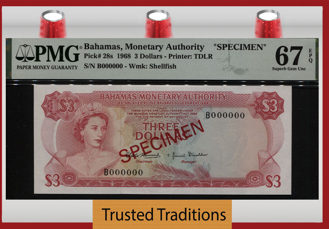 Welt Banknoten 3 DOLLARS 1968 TT PK 28s BAHAMAS QUEEN ELIZABETH II RARE ...