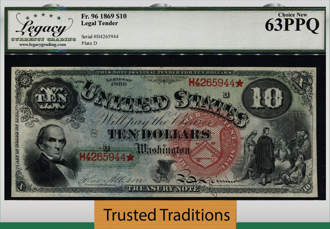 USA 10 Dollar 1869 LEGAL TENDER LARGE RED SEAL FULLY ORIGINAL RAINBOW ...