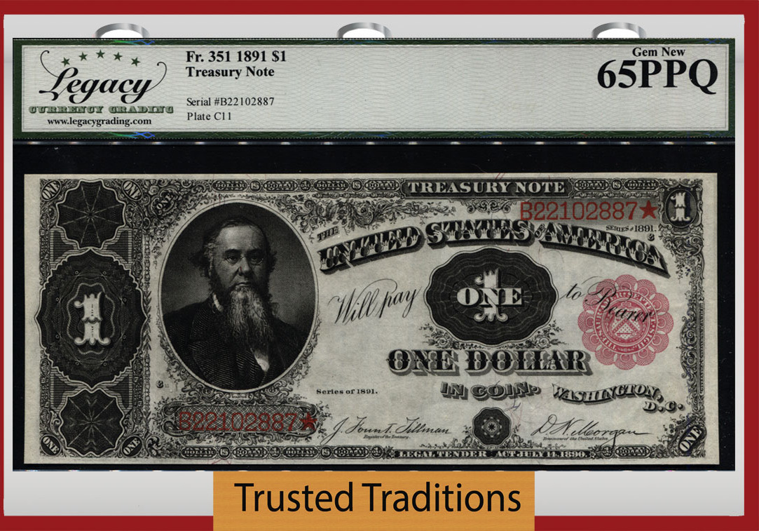 USA 1 Dollar 1891 TREASURY NOTE RED SEAL LCG 65 PPQ GEM NEW DEEP ...