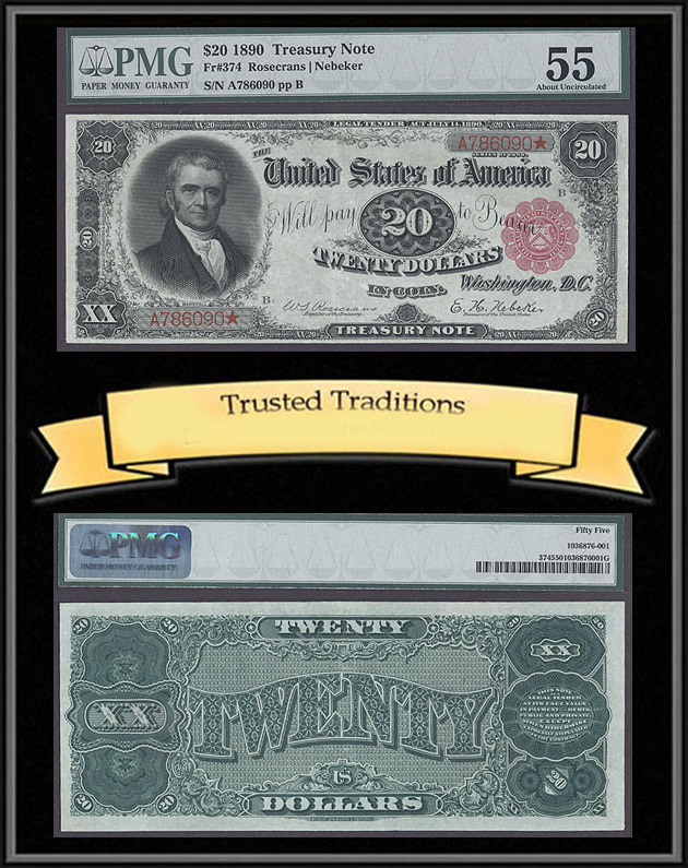 USA 20 Dollar 1890 TREASURY NOTE ORNATE BACK RARE PMG 55 RED SEAL | MA ...