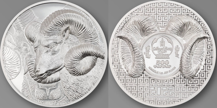 MONGOLEI, 500 Togrog 2022, Magnificent Argali, 1 Unze Silber, PROOF ...