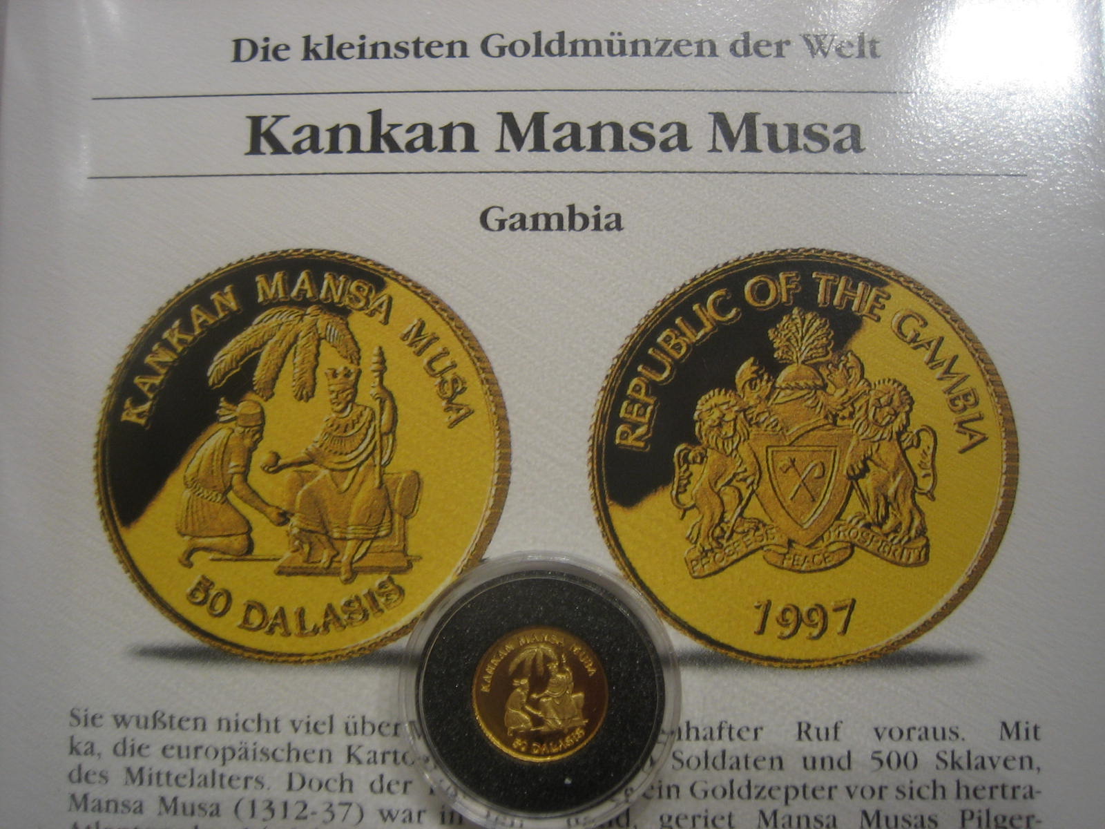 Gambia 50 Dalasis 1997 Kankan Mansa Musa 1/25 Unze Gold. Die kleinsten ...