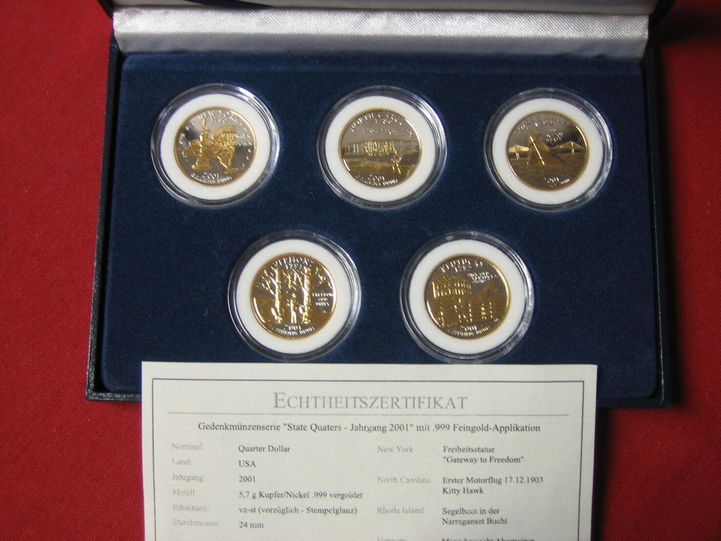 5 x 25 Cents USA State Quarters 2001 Gold plated AU- | MA-Shops