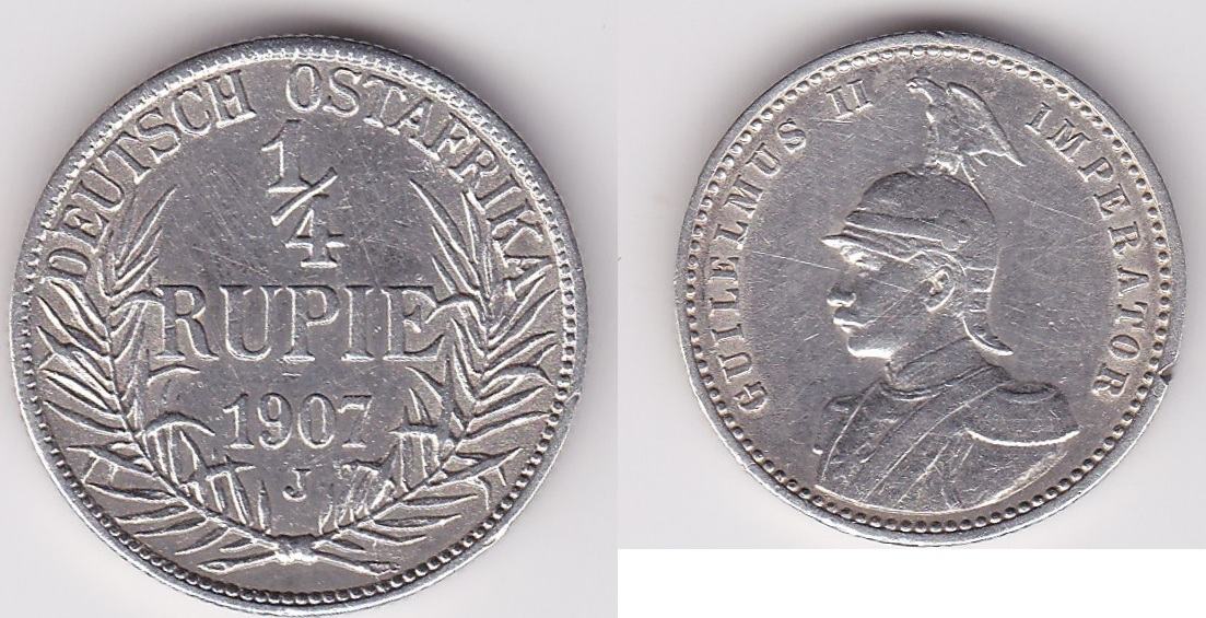 Deutsch-Ostafrika 1/4 Rupie 1907 J Kursmünze VF | MA-Shops