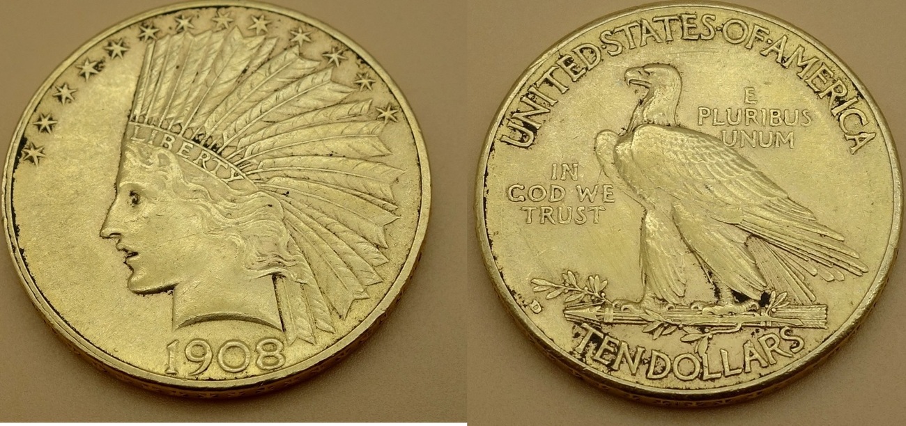 USA 10 Dollar 1908 Indian Head EF | MA-Shops
