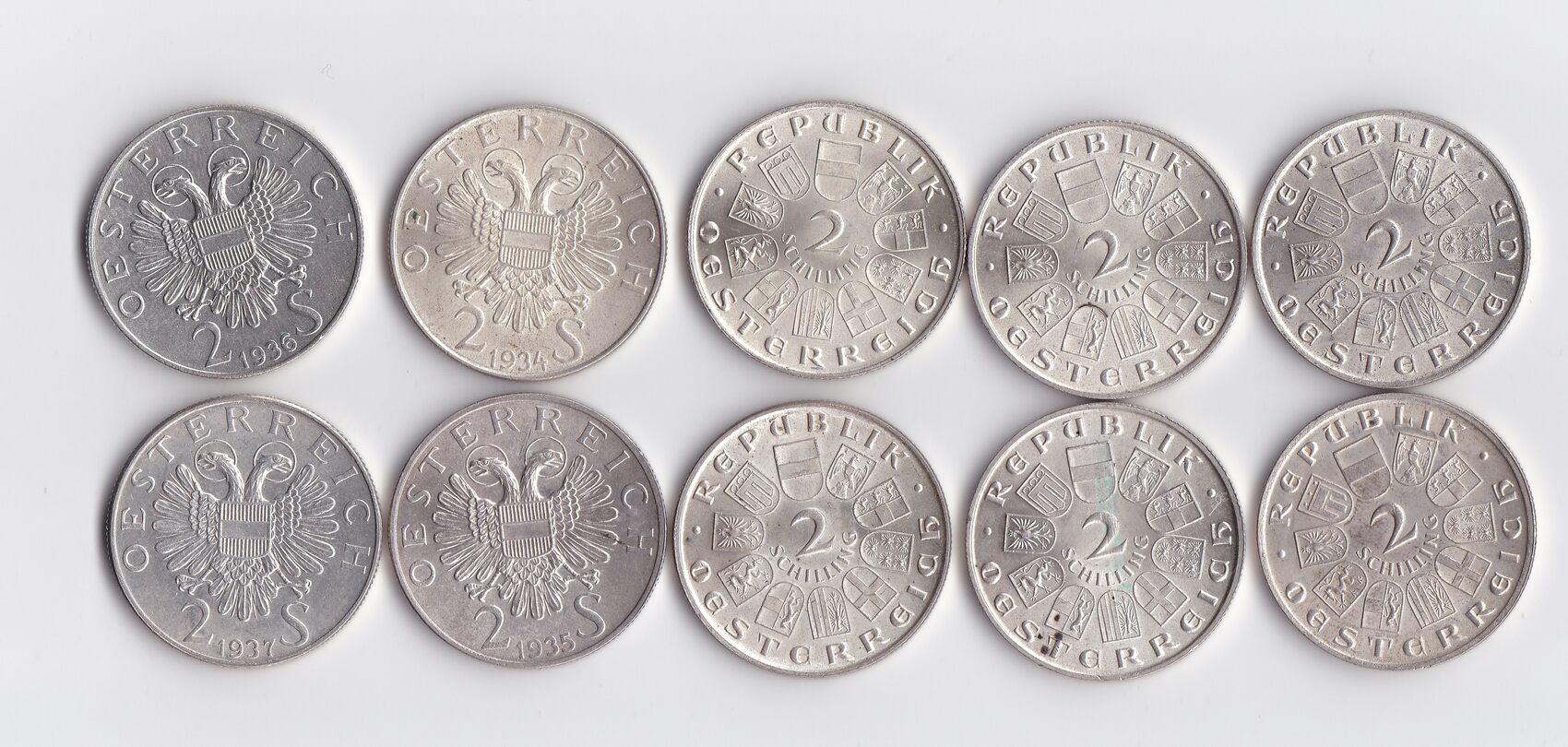 Österreich 10x 2 Schilling 1928-1937 Komplette Serie UNC | MA-Shops
