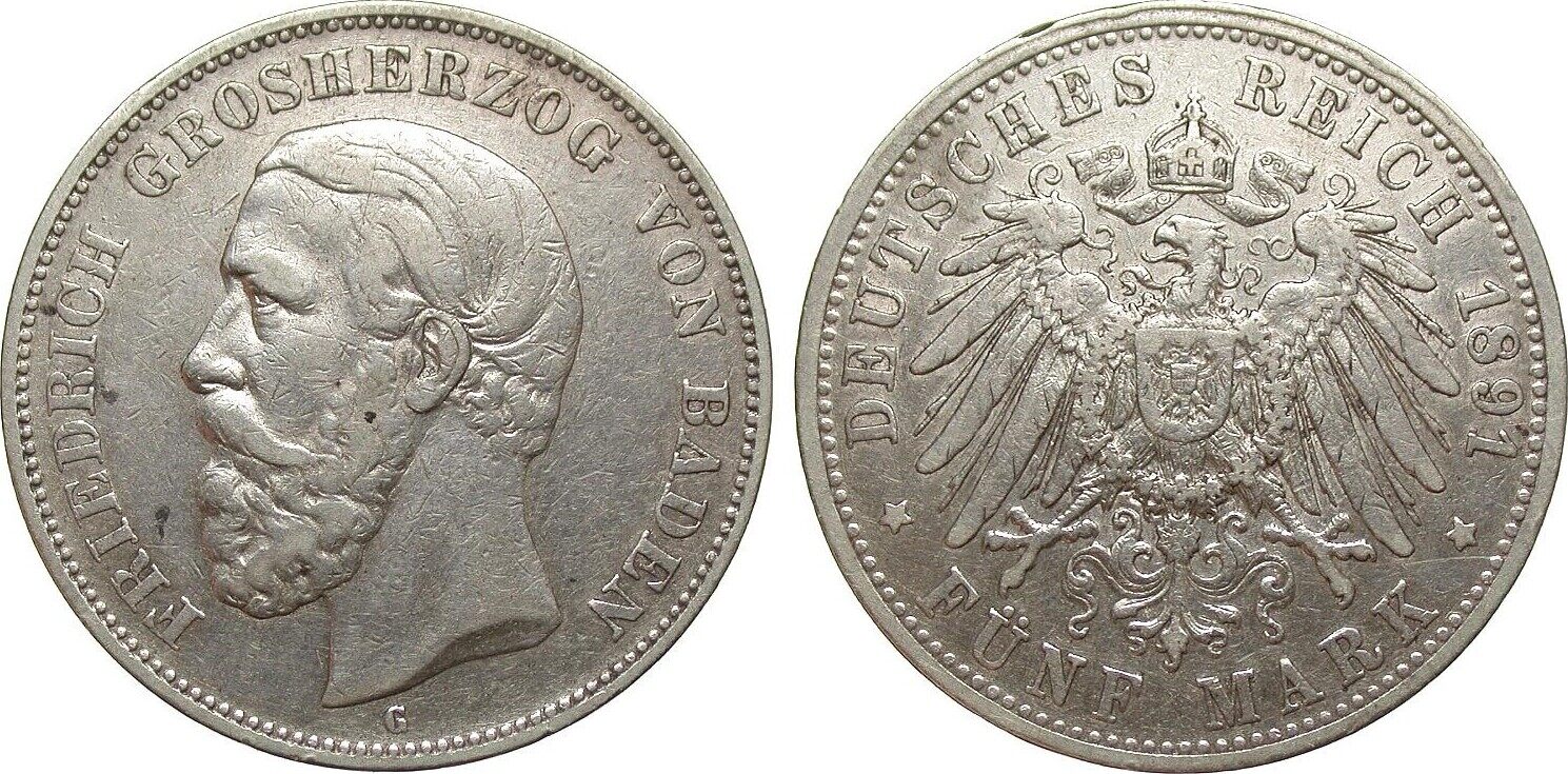 Kaiserreich 5 Mark Baden ohne Querstrich 1891 G kl. Randfehler, VF | MA ...
