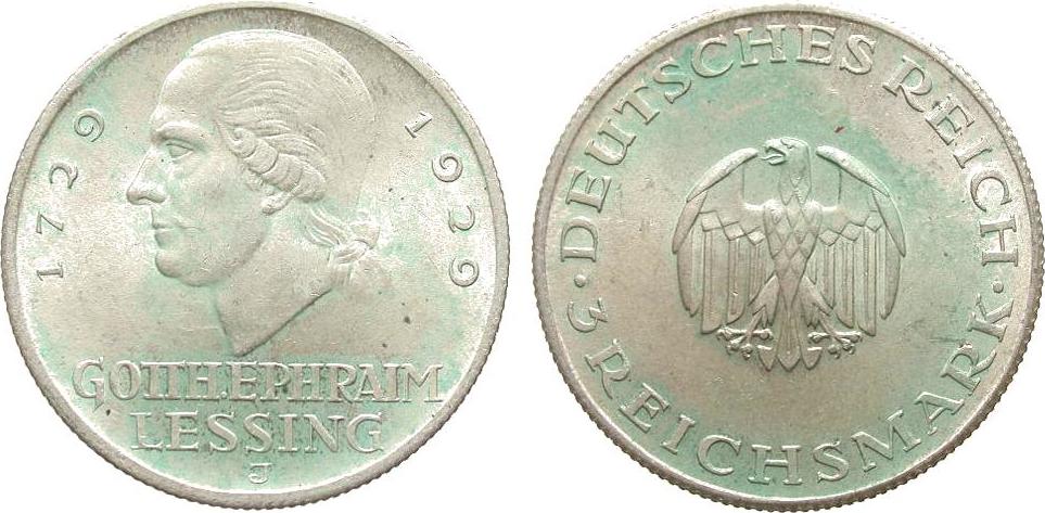 Weimarer Republik 3 Mark Lessing 1929 J wz. Kratzer, UNC | MA-Shops