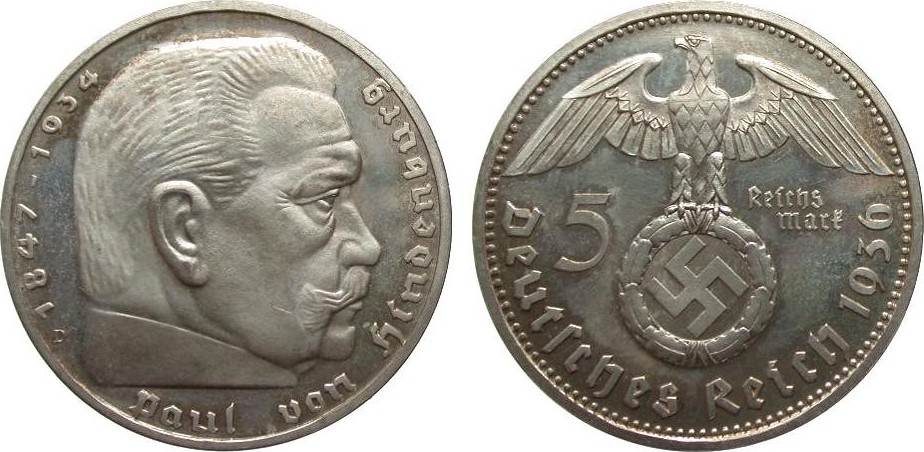 Drittes Reich 5 Mark Hindenburg mit Hk. 1936 D kl. Kratzer, Proof | MA ...