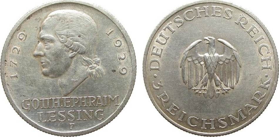 Weimarer Republik 3 Mark Lessing 1929 F fast vorzüglich | MA-Shops