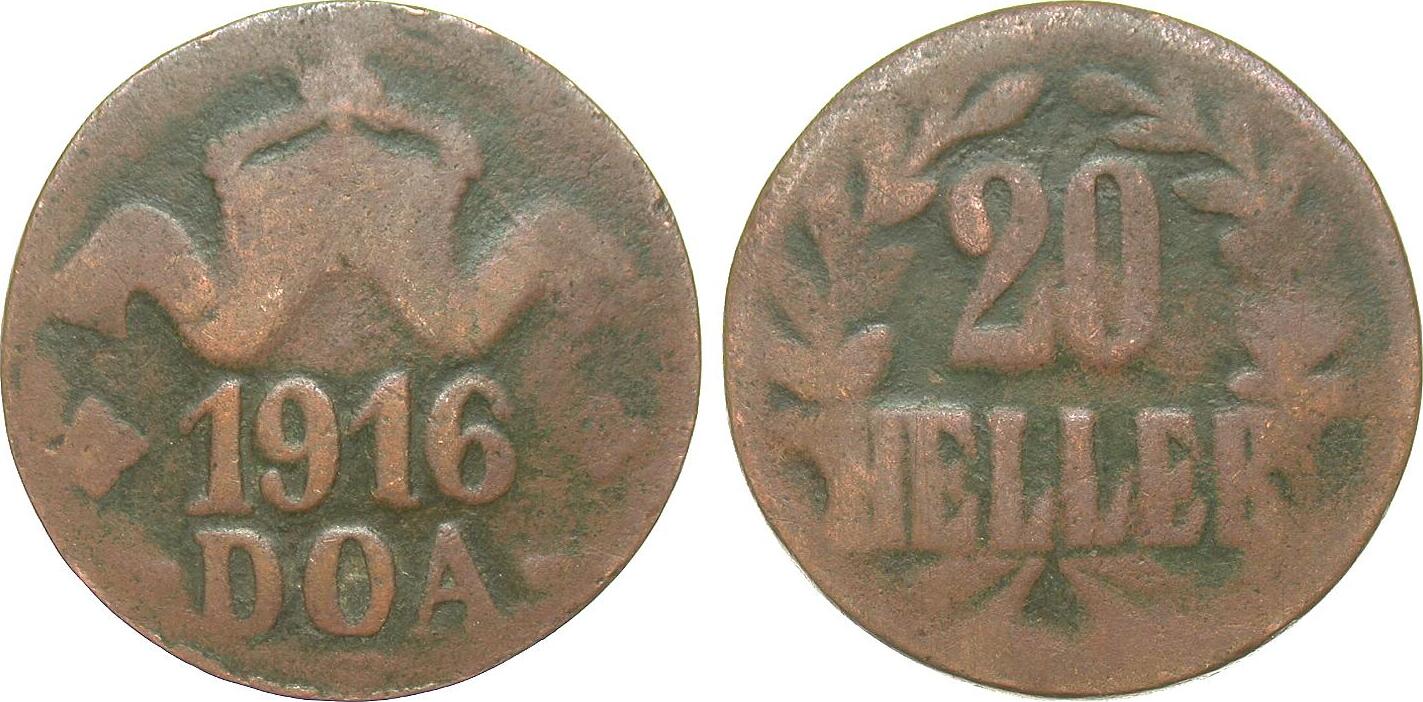 Kolonien und Nebengebiete 20 Heller Kupferlegierung 1916 T VF- | MA-Shops