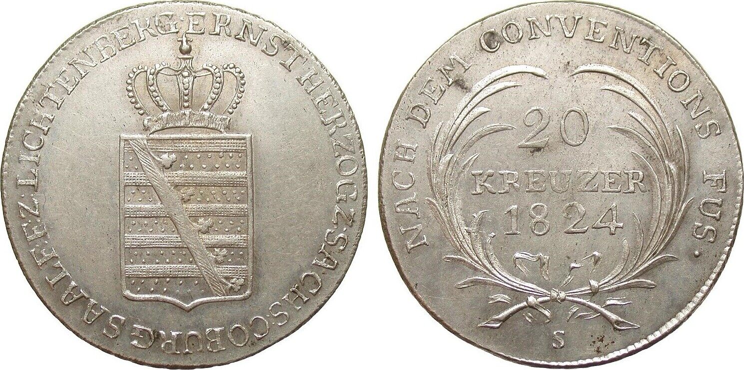 Altdeutschland bis 1871 20 Kreuzer Sachsen-Coburg-Saalfeld 1824 S EF ...