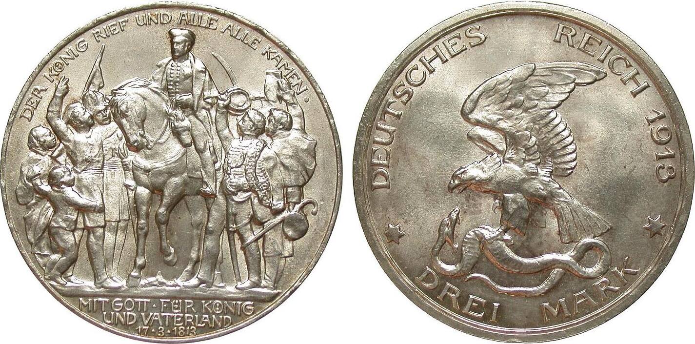 Kaiserreich 3 Mark Preussen Befreiungskriege 1913 wz. Randfehler, UNC ...