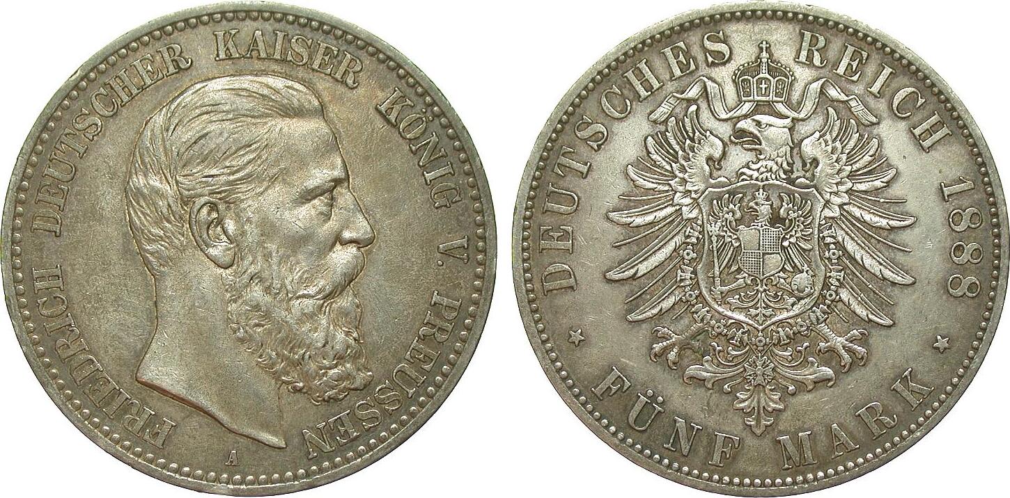 Kaiserreich 5 Mark Preussen Friedrich III. 1888 A EF | MA-Shops