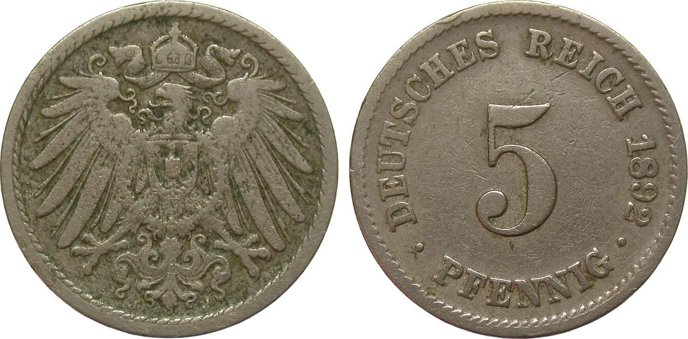Kaiserreich 5 Pfennig 1892 J VF- | MA-Shops