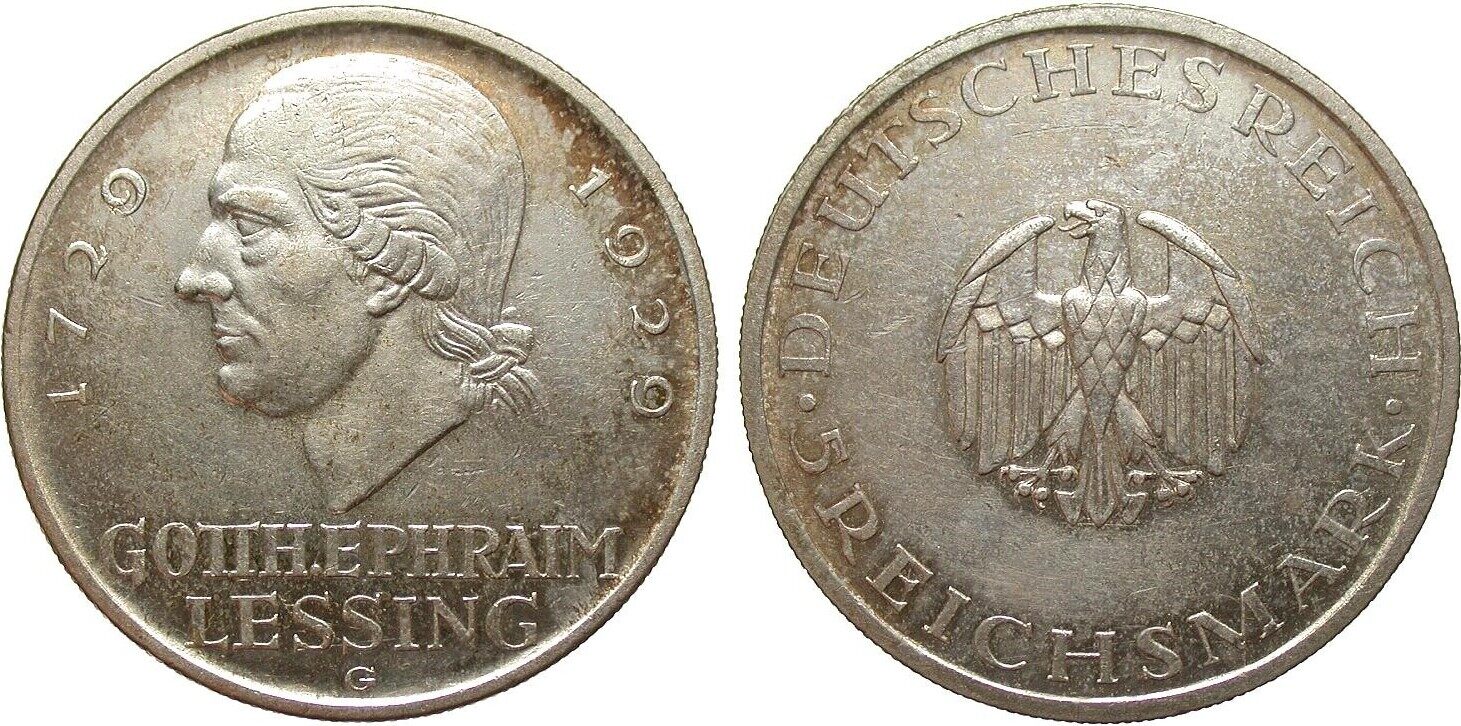 Weimarer Republik 5 Mark Lessing 1929 G fast vorzüglich | MA-Shops