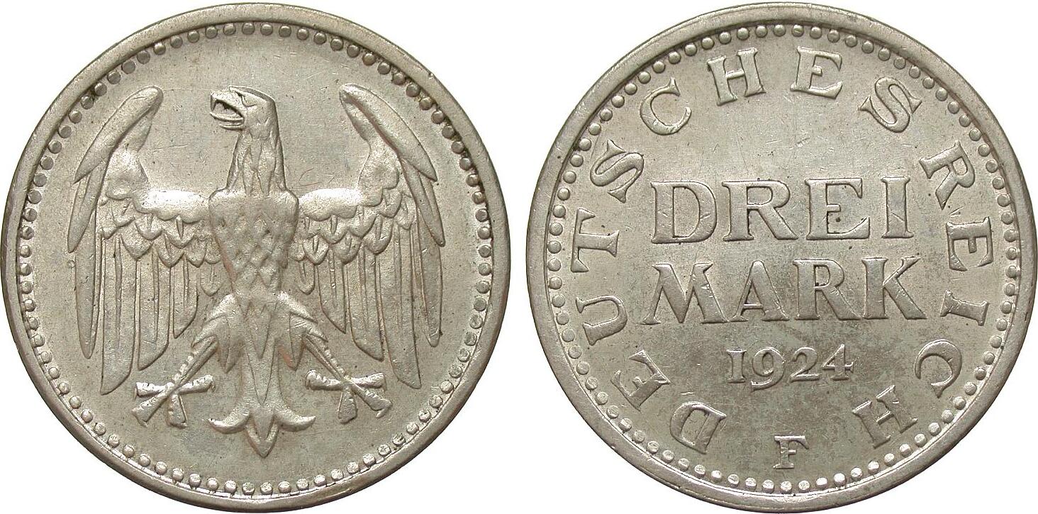 Weimarer Republik 3 Mark Kursmünze 1924 F VF-EF | MA-Shops