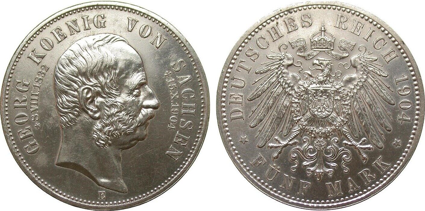 Kaiserreich 5 Mark Sachsen Georg auf den Tod 1904 E etw. fleckig, fein ...