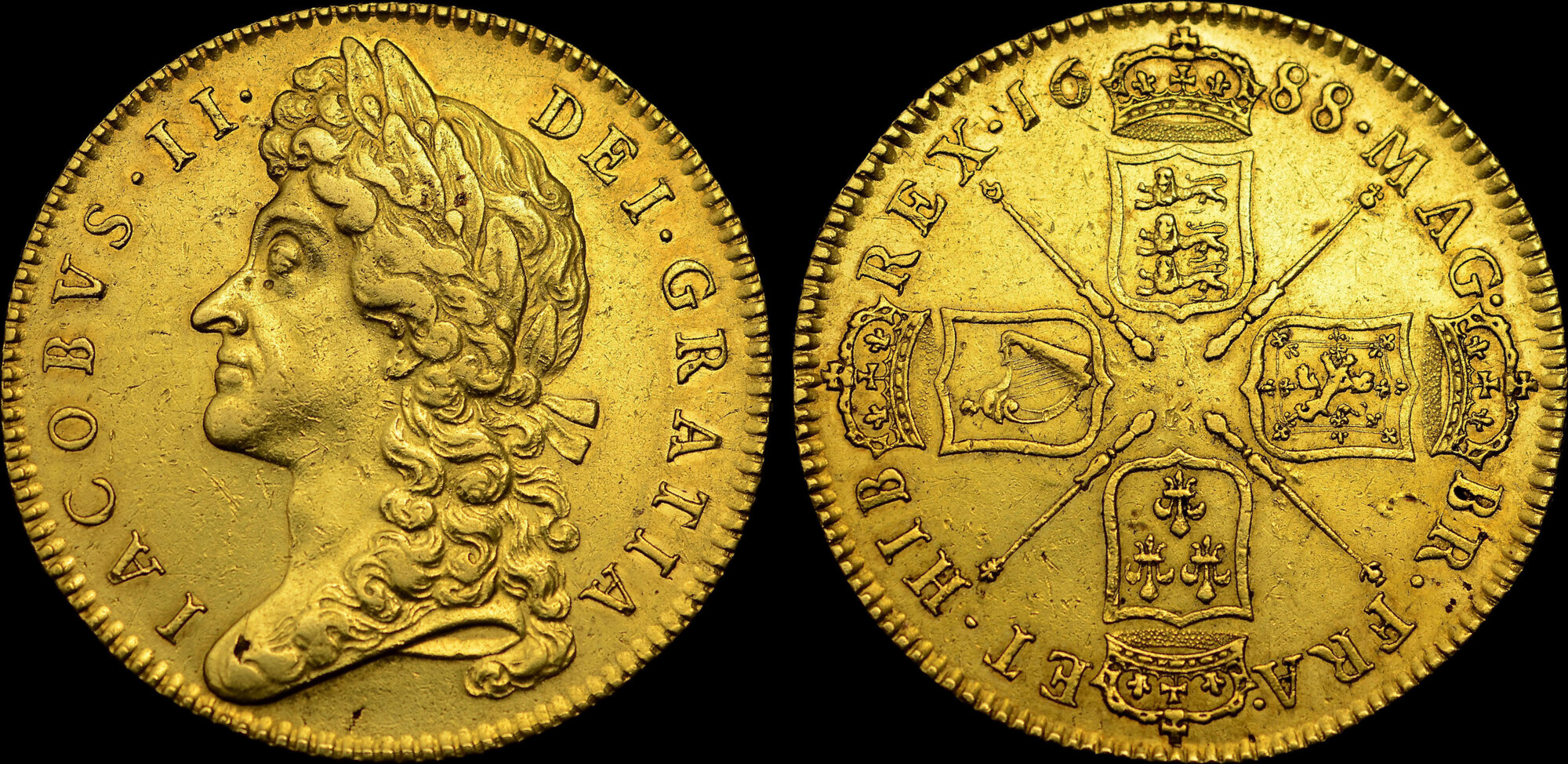 GREAT BRITAIN JAMES II, 1688 GOLD FIVE GUINEAS AU53 | MA-Shops