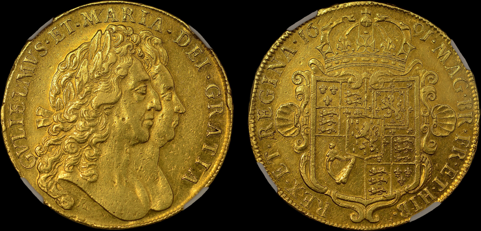 GREAT BRITAIN WILLIAM & MARY, 1691 GOLD FIVE GUINEAS, CONJOINED BUSTS ...