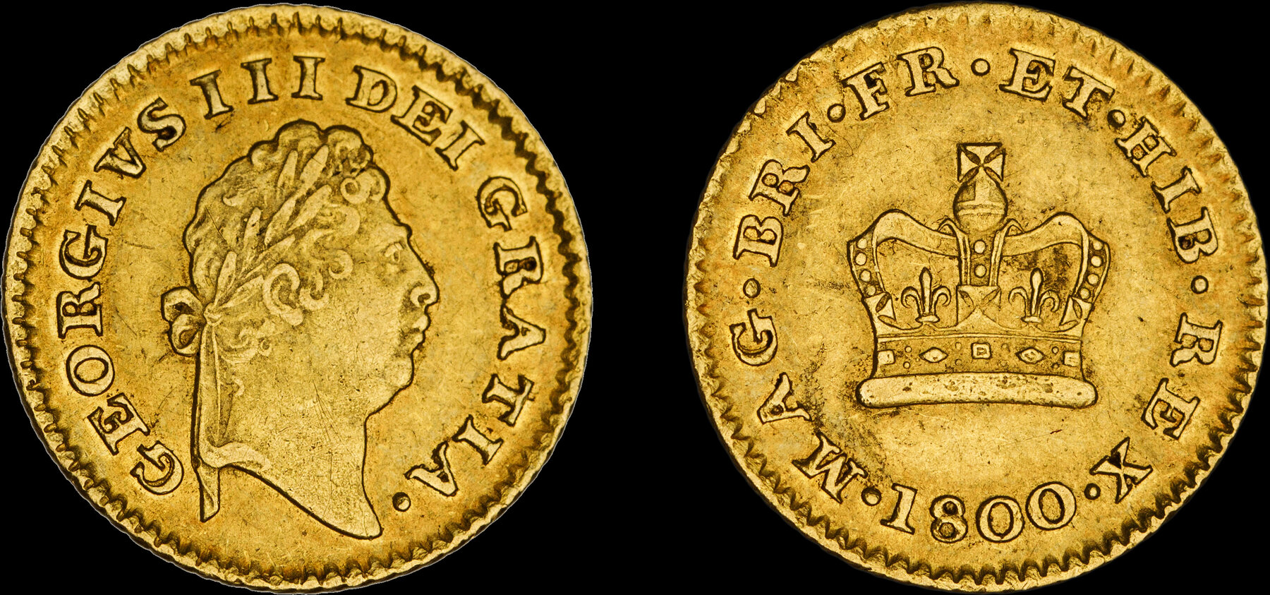 GREAT BRITAIN GEORGE III, 1800 GOLD THIRD GUINEA OF SEVEN SHILLINGS ...