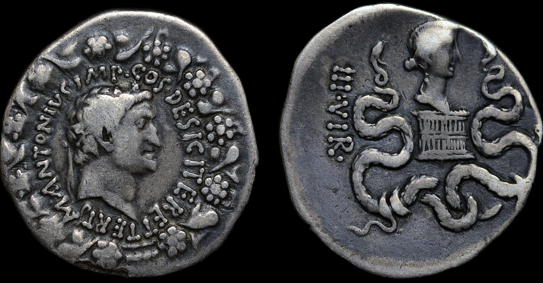 ANCIENT ROME 39 B.C. MARK ANTONY AND OCTAVIA, SILVER CISTOPHORUS | MA-Shops