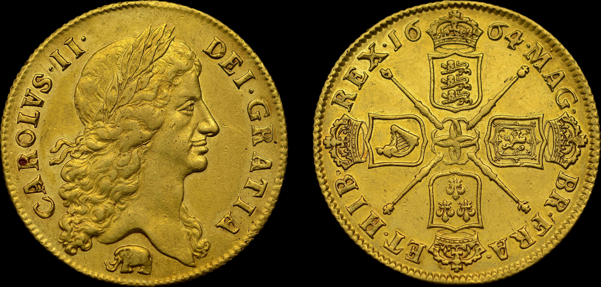 GREAT BRITAIN CHARLES II, 1664 GOLD TWO GUINEAS WITH ELEPHANT BELOW ...