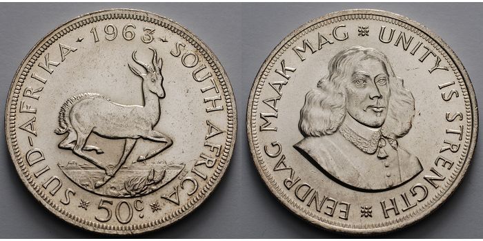 Südafrika 50 Cents 14,4 g fein 38 mm Ø 1963 Springbock, Suid Afrika ...