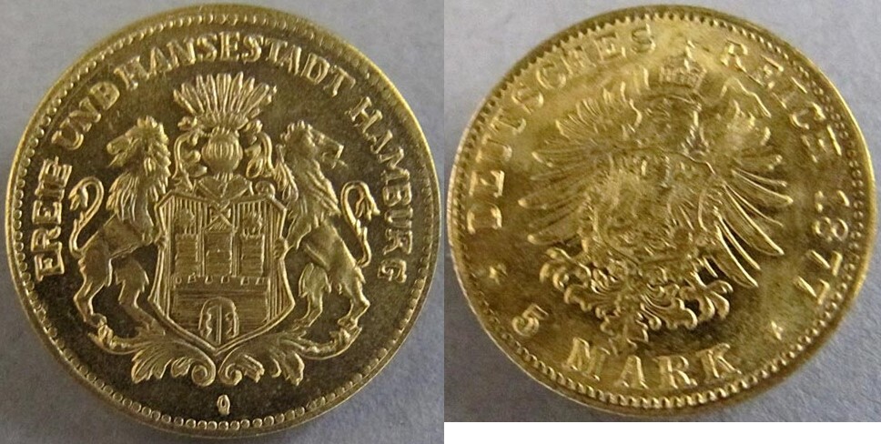 5 Mark 1,77g fein 17,0 mm Ø 1877 W Freie und Hansestadt Hamburg, --ACHTUNG!-- -NACHPRÄGUNG ...