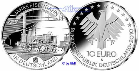 10 Euro 175 Jahre Eisenbahn in Deutschland5. Ausg. in 2010 CH UNC ...
