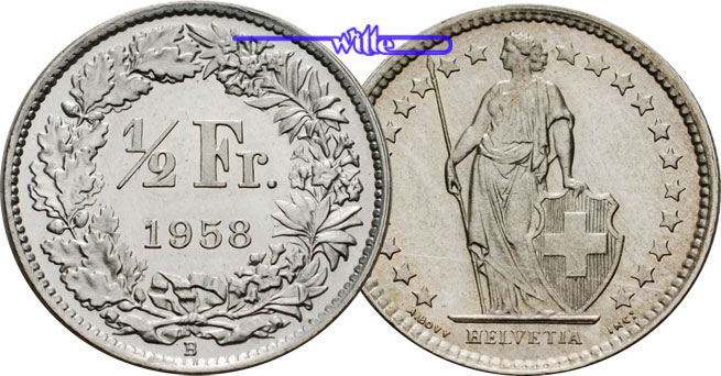 Schweiz ½ Franken 1958 Kursmünze, ½ Fr, 1875-1967, 18mm Ø, Silber 2,875g fein AU-UNC | MA-Shops