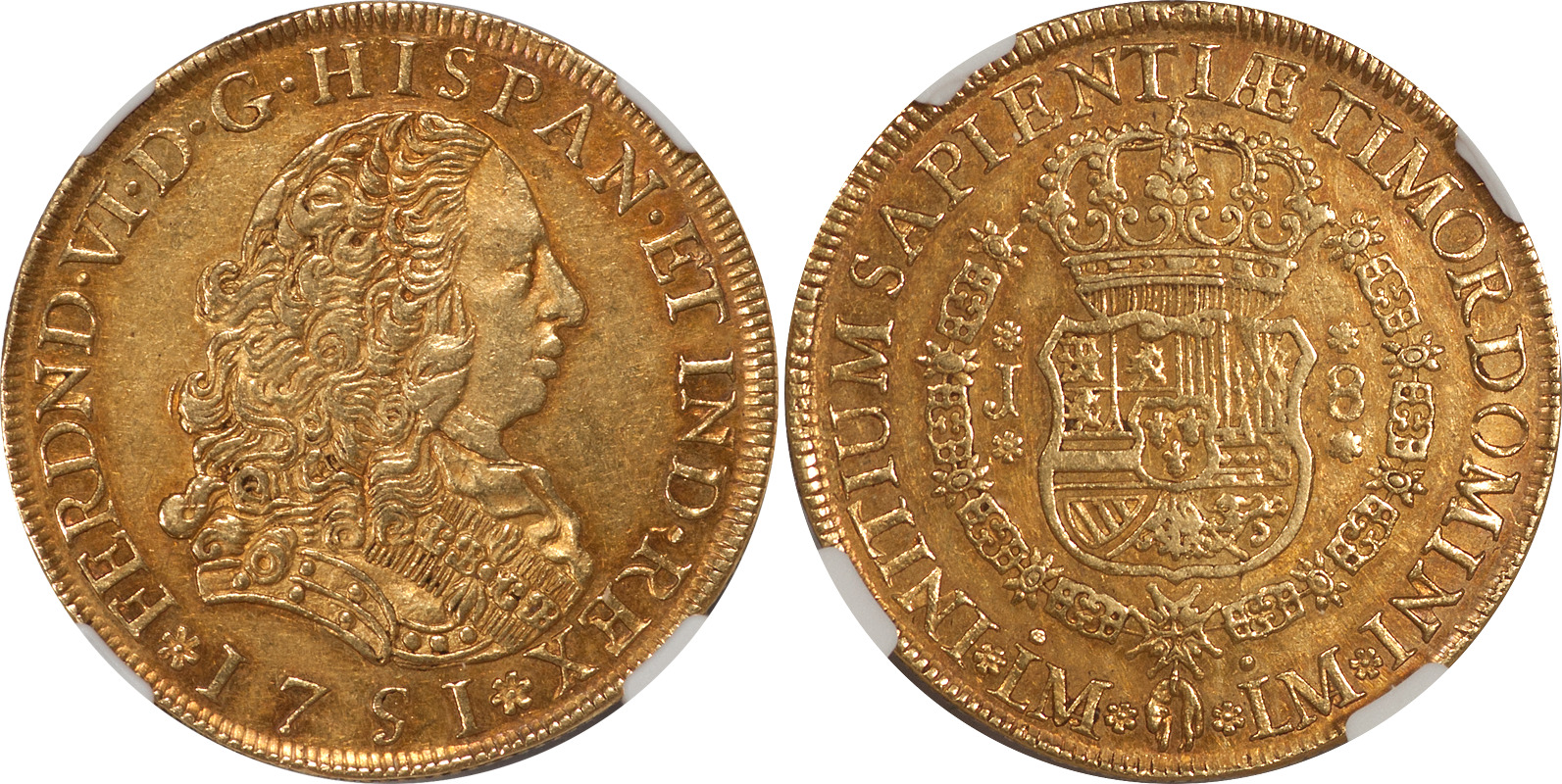 Peru 1751 LM J Gold 8 Escudos NGC AU-55 Rare First Year Issue!! | MA-Shops