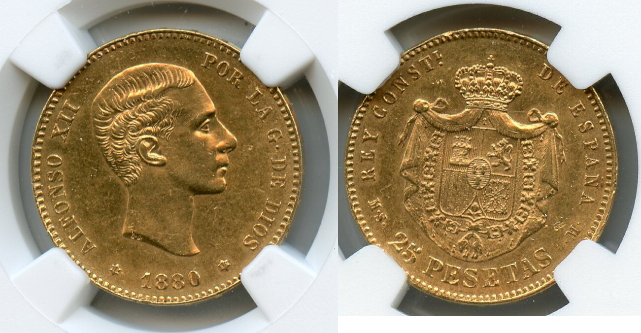 SPAIN G25P 1880(80) MSM Alfonso XII GOLD 25 pesetas SCARCE NGC UNC ...