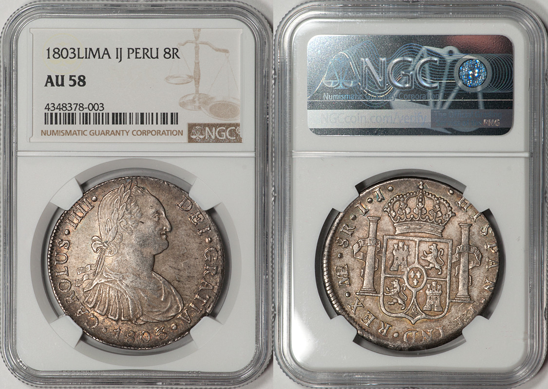 Peru 1803 JP Carolus IIII Silver 8 Reales NGC AU-58 | MA-Shops