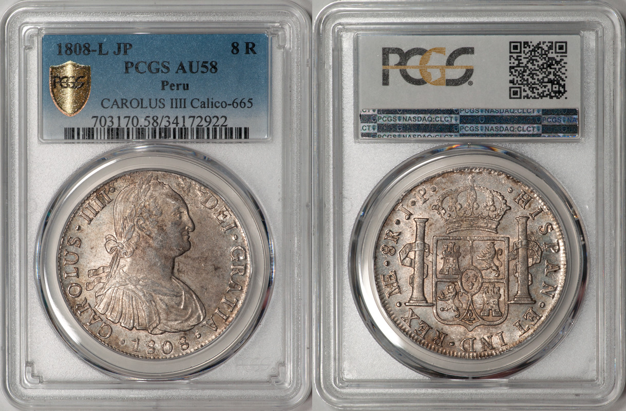 Peru 1808-L JP Carolus IIII Silver 8 Reales Silver PCGS AU-58 | MA-Shops