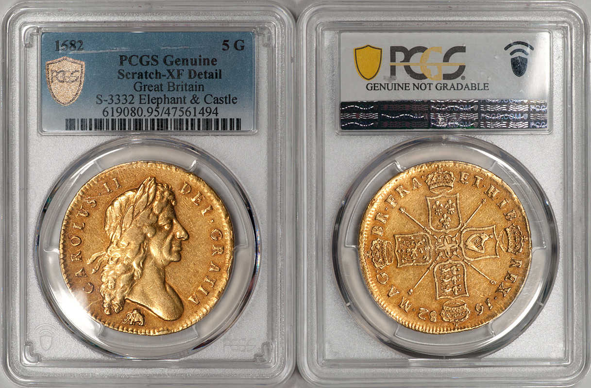 Great Britain 1682 Charles II Gold Elephant & Castle 5 Guineas PCGS ...
