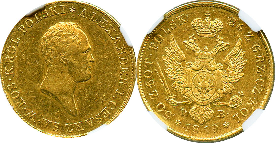 POLAND 50Z 1819 IB RARE Alexander I GOLD 50 Zl RARE SMALL HEAD VARIETY ...