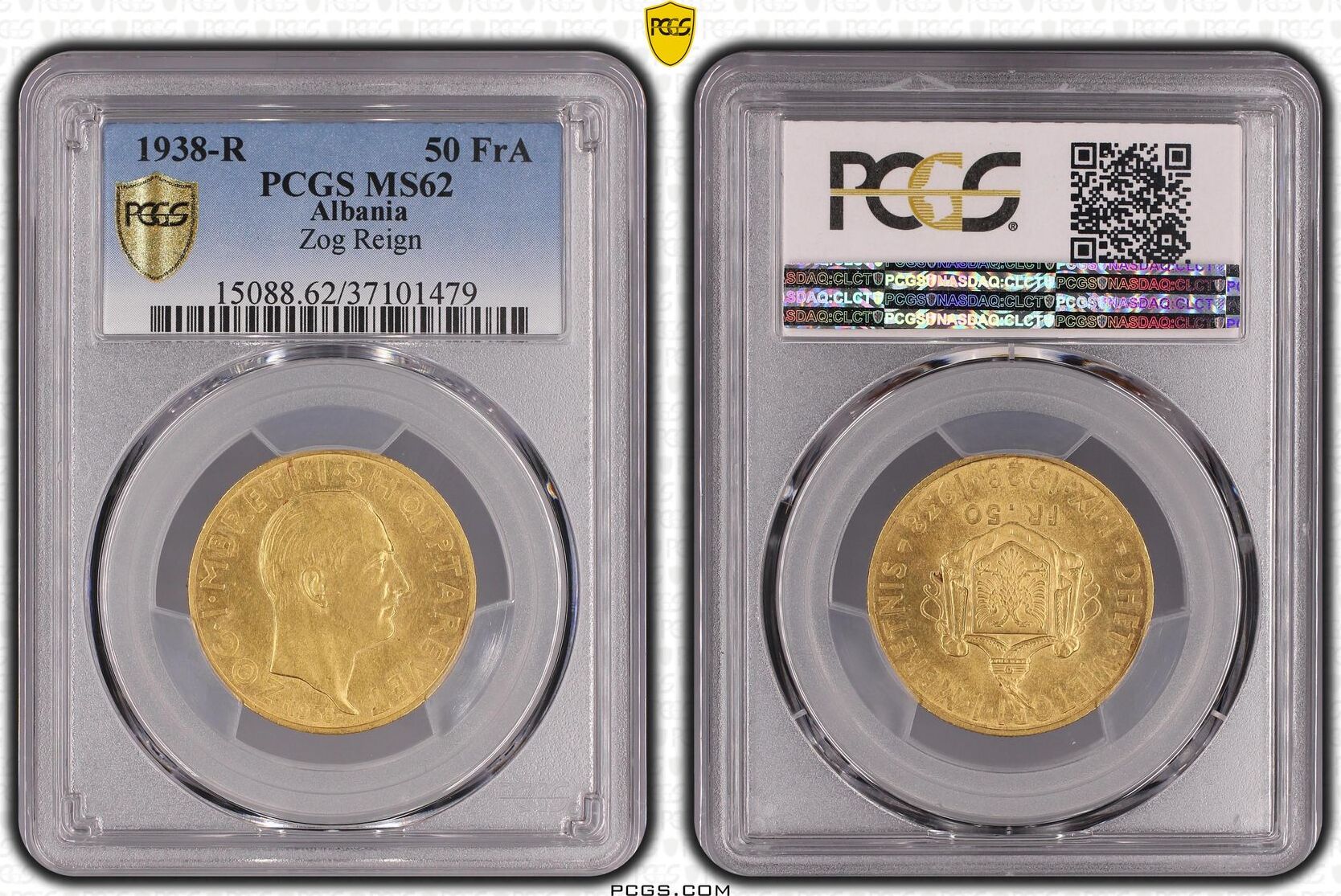 ALBANIA Zog I gold "10th Anniversary of Reign" 50 Franga Ari 1938-R Rome Mint PCGS MS62 | MA-Shops