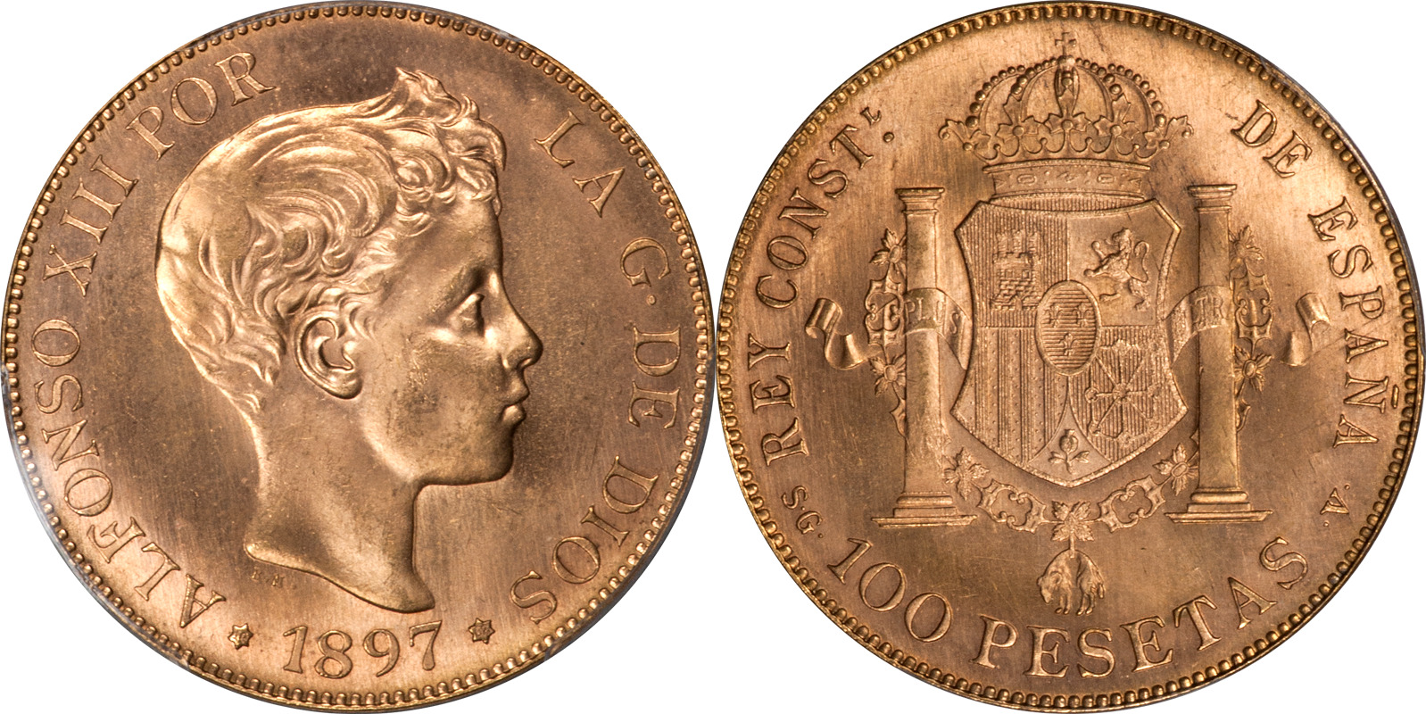 Spain 1897-SG V Alfonso XIII Gold 100 Pesetas Restrike PCGS MS-65 ...