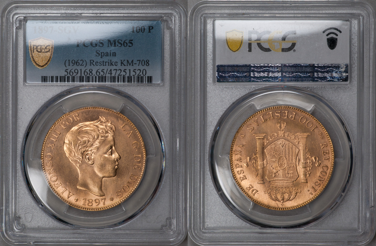 Spain 1897-SG V Alfonso XIII Gold 100 Pesetas Restrike PCGS MS-65 ...