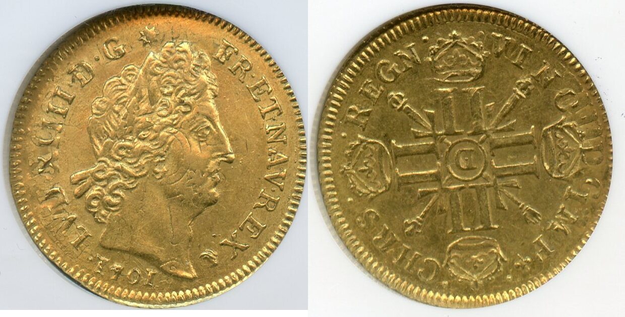 FRANCE 1L'OR 1701D Louis XIV GOLD L'Or RARE Lyon Mint one of only two ...