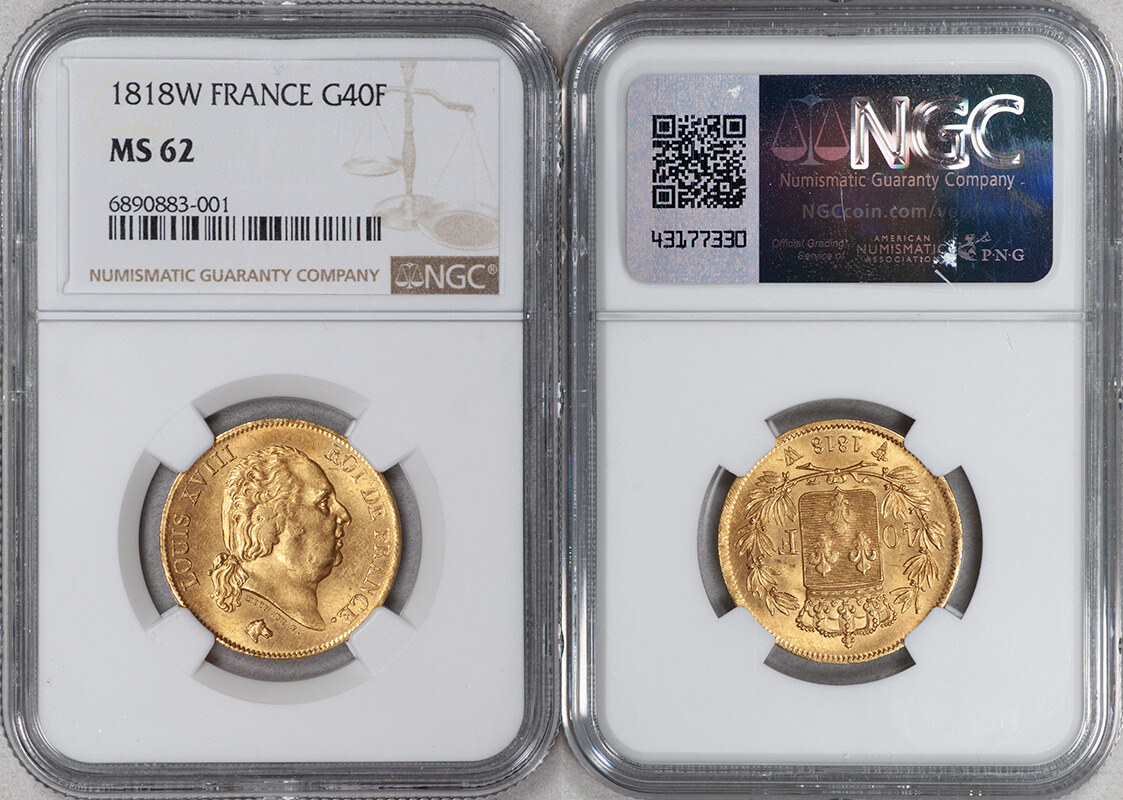 France 1818 Louis XVIII Gold 40 Francs NGC MS-62 | MA-Shops
