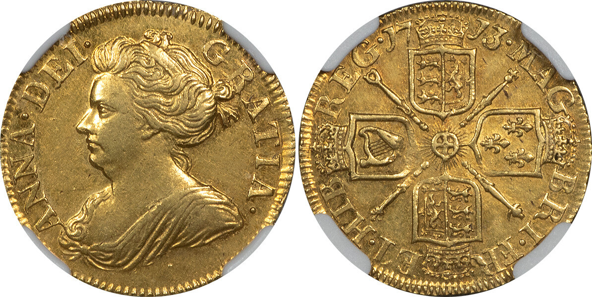 Great Britain 1713/1 Anne Gold 1/2 Guinea (Clear 3 over 1 overdate) NGC ...