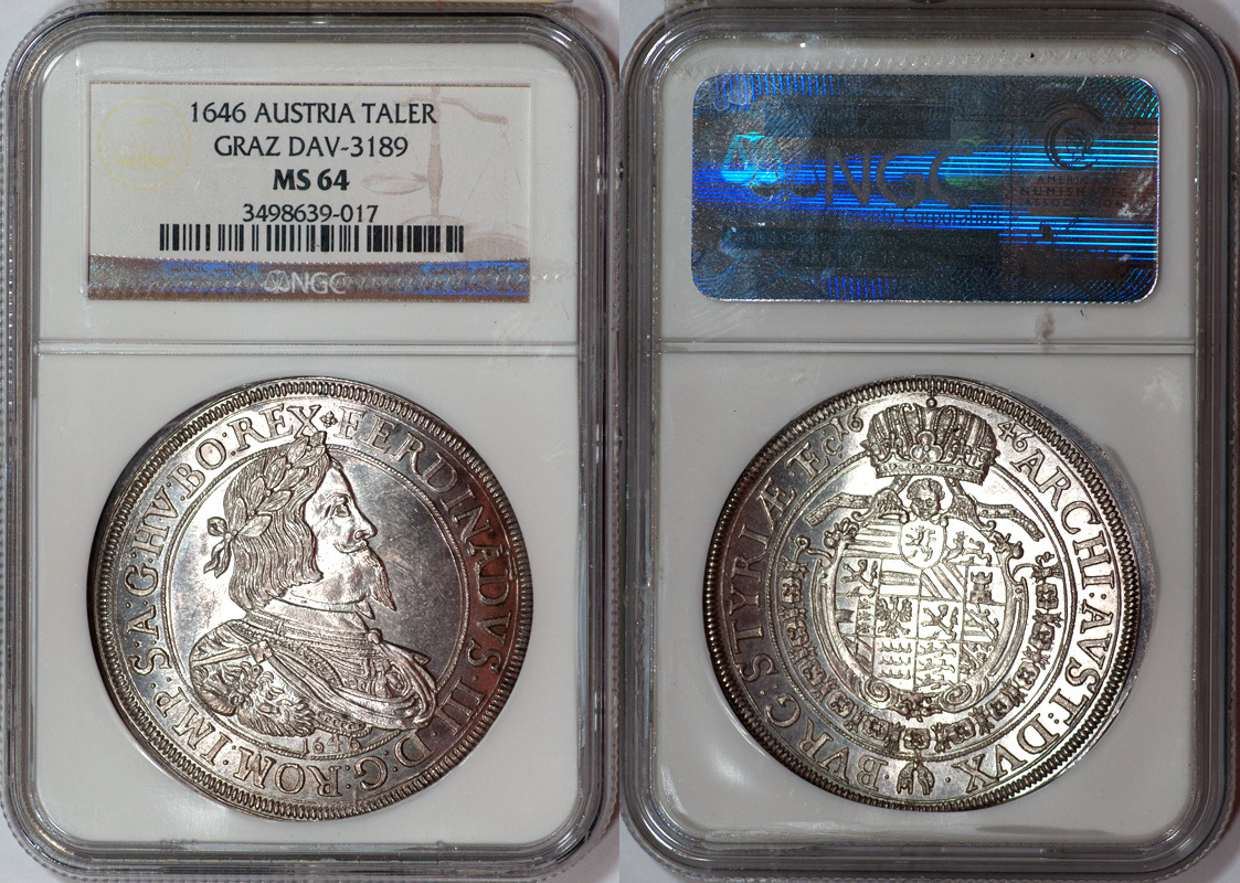 Austria 1646-GRAZ Ferdinand III Silver Taler NGC MS-64 | MA-Shops