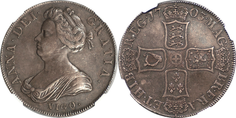 Great Britain 1703-VIGO Anne Silver Crown NGC XF-45 RARE!! | MA-Shops